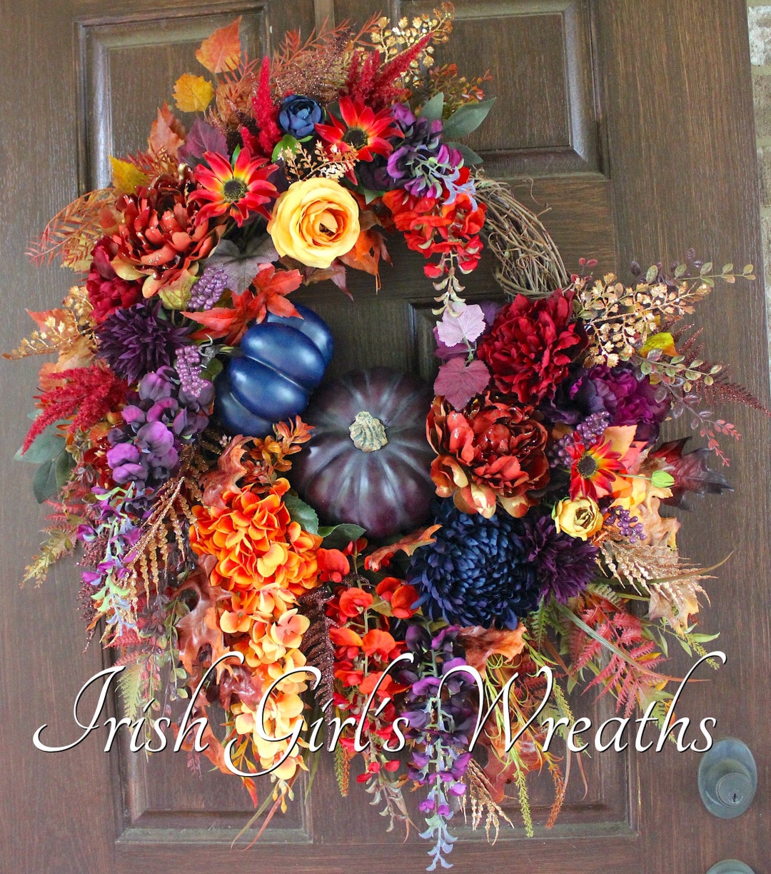 Moody Elegance Purple Copper Navy and Rust Floral Autumn Wreath, Large ...