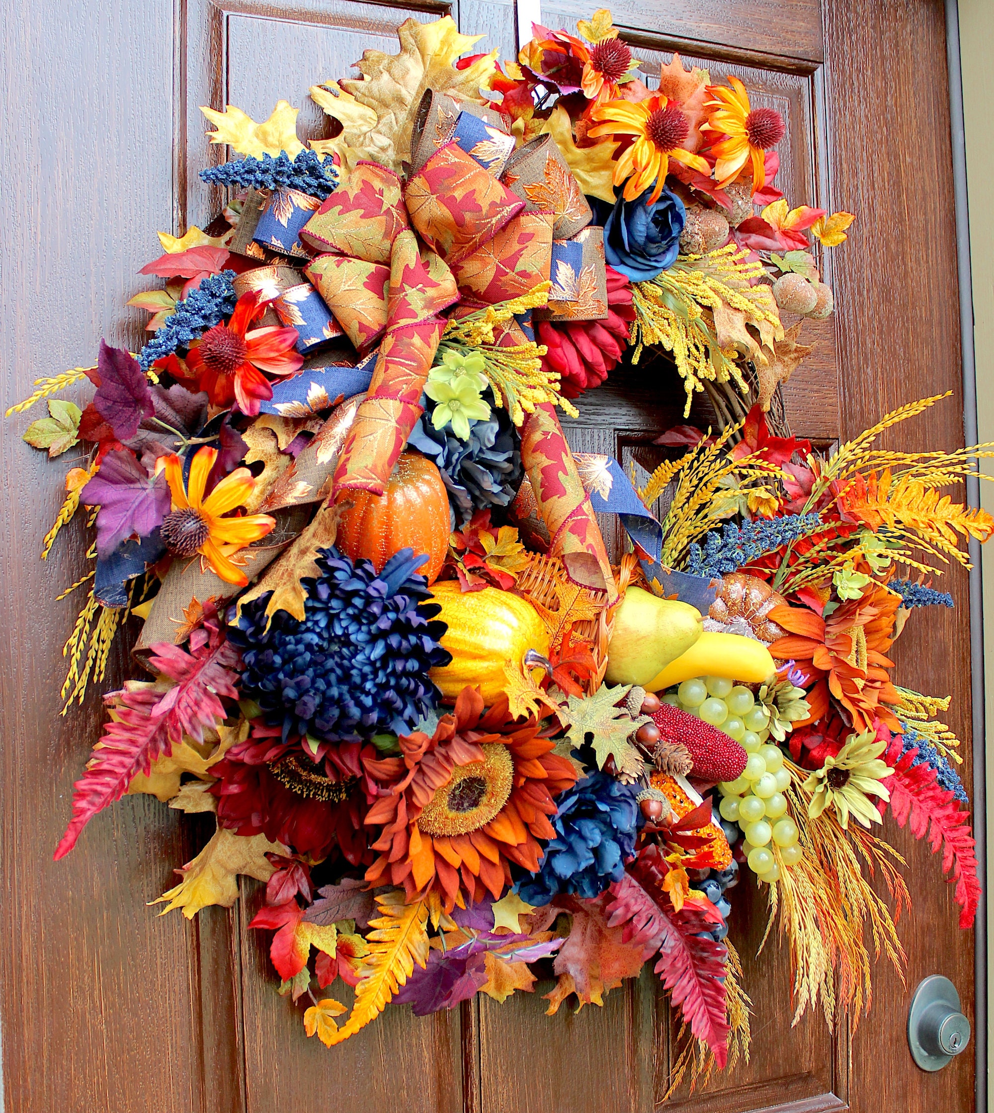 Deluxe Moody Blue Brown and Burgundy Autumn Harvest Cornucopia | Etsy