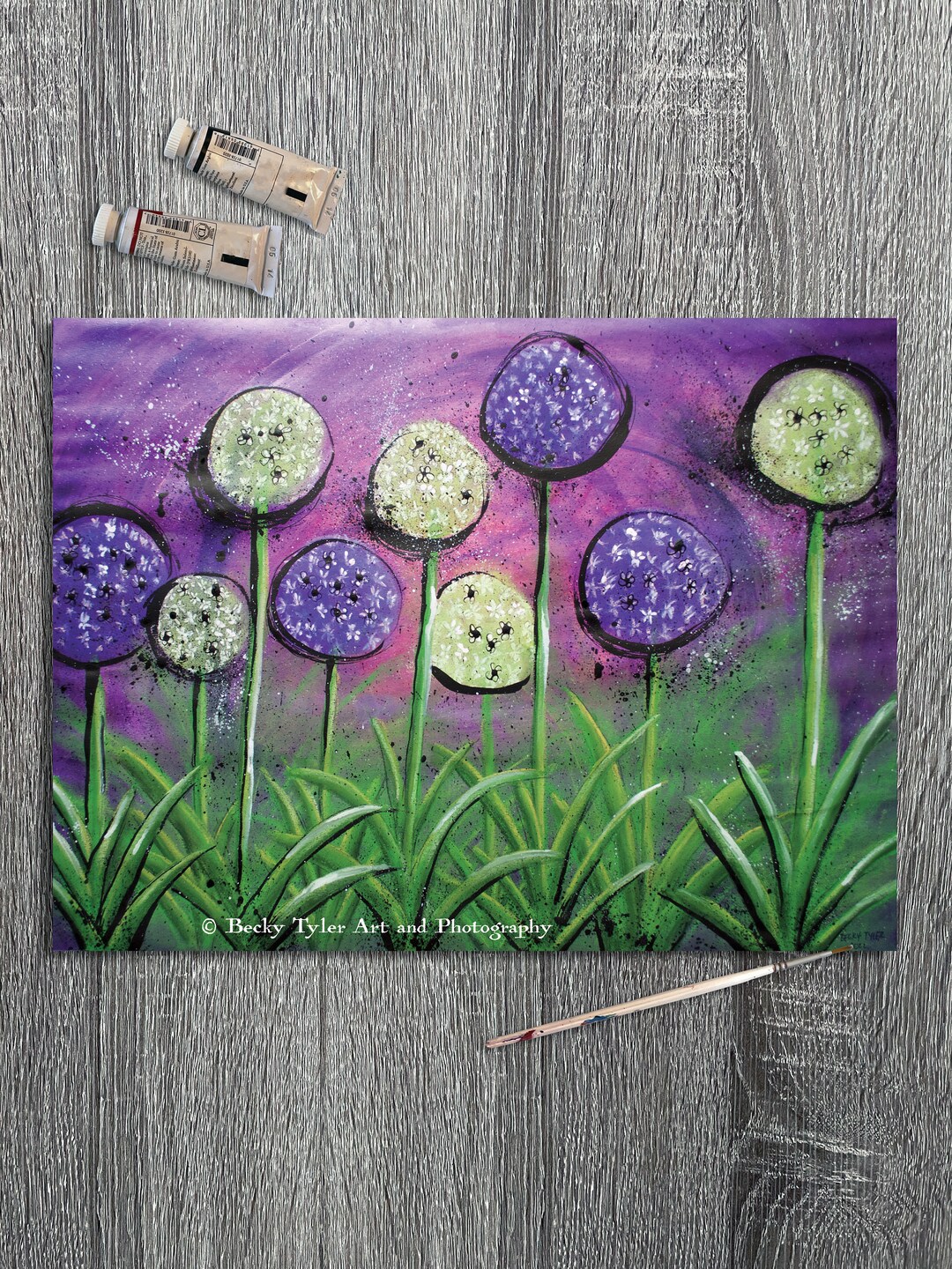 Allium Original Drawing, Acrylic and Pastel, Wall Art, Flower Art ...