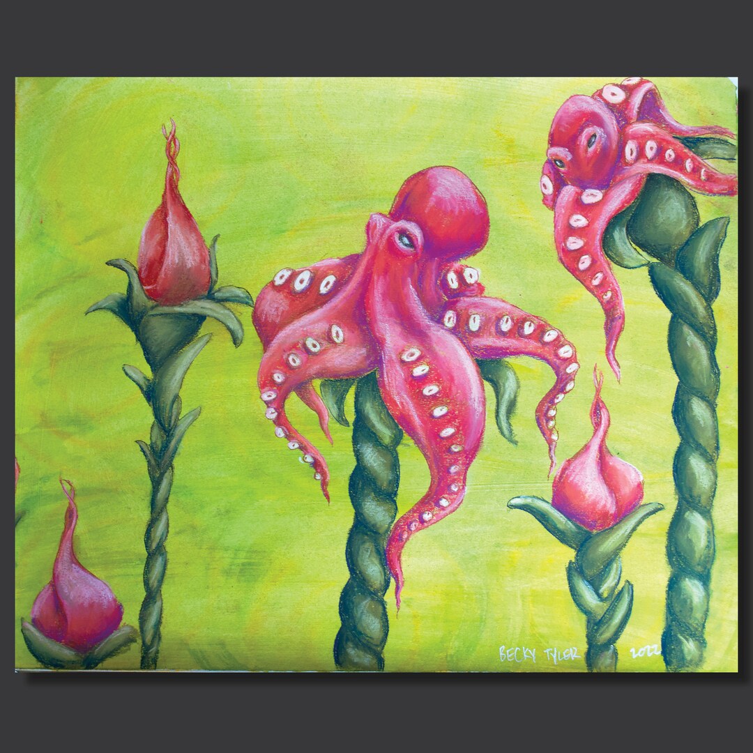 Octopus Flowers Drawing Surreal Art 14x17 Mixed Media Art - Etsy