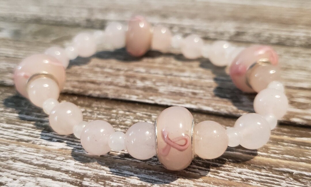 Breast Cancer Awareness Bracelet: Pink Jade Ribbon Beaded Stretch ...