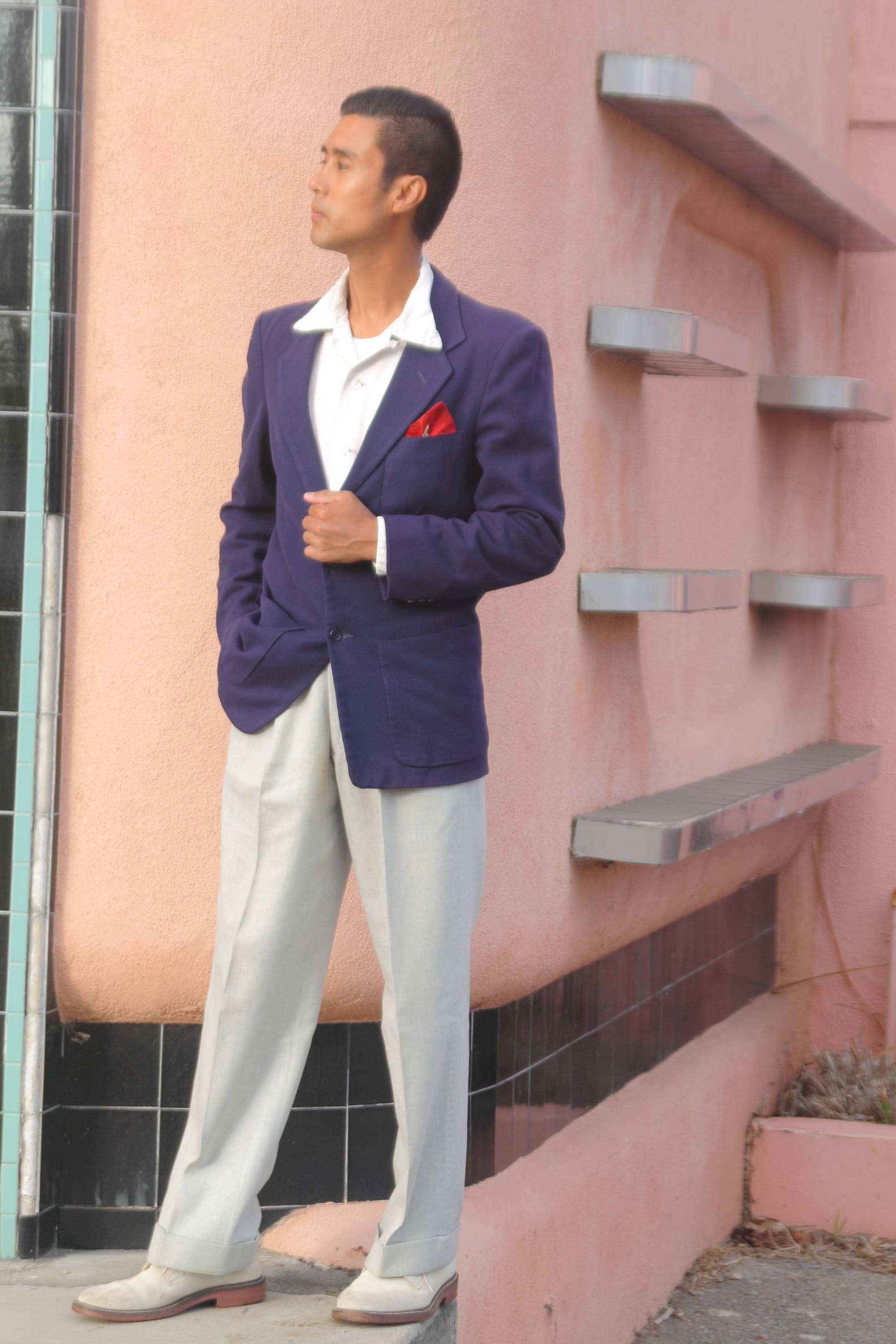 Two tone Hollywood suit, Late 1940s blue wool sport coat and slacks, by ...