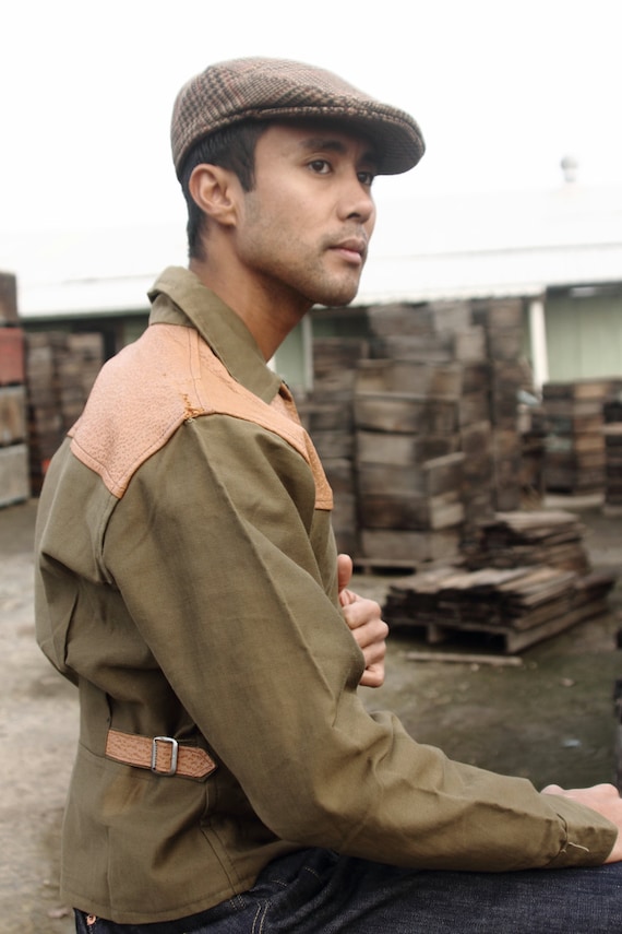 DEADSTOCK 1940s two tone pig skin leather and khaki j… - Gem