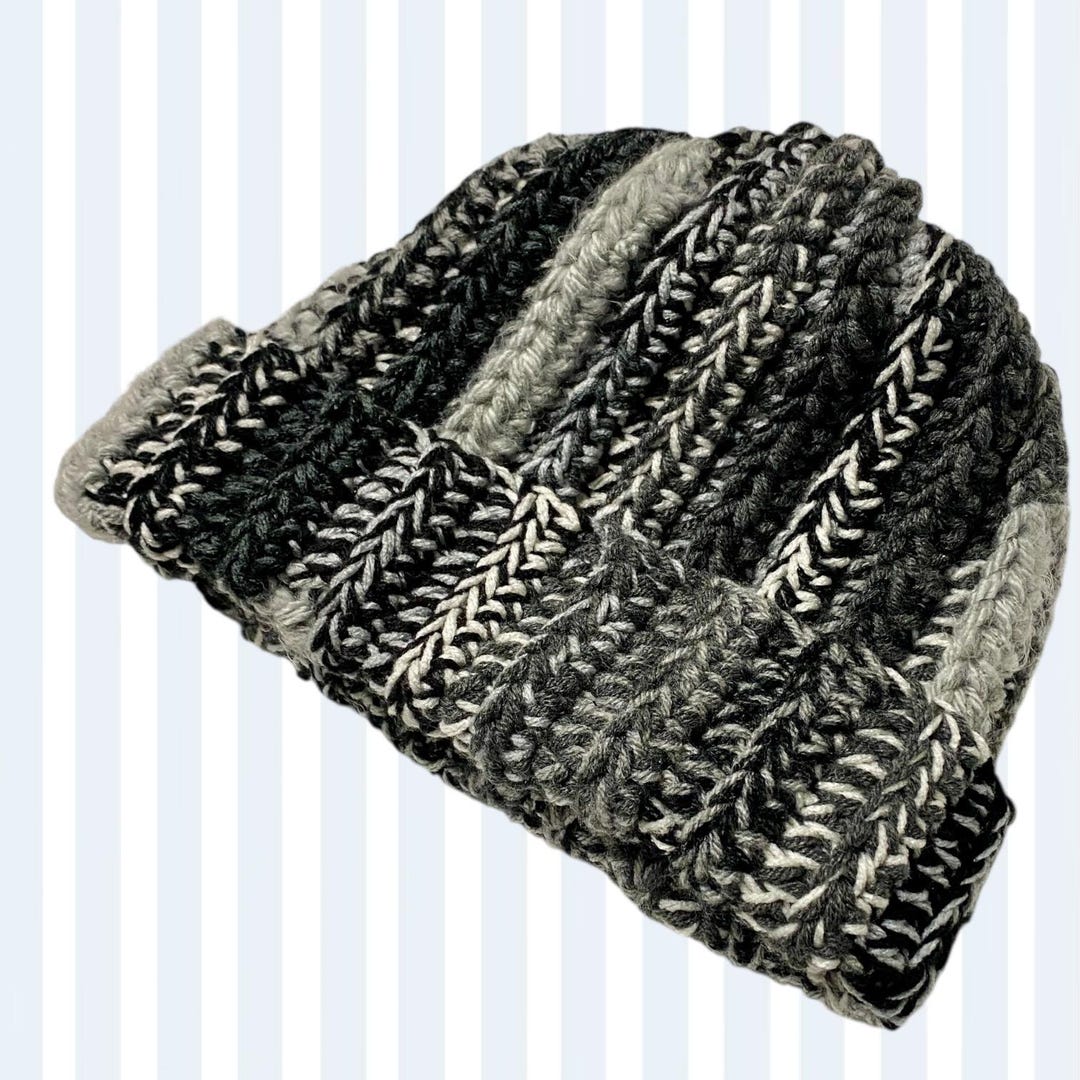 Hand Knit Chunky Acrylic Beanie Ribbed Gray Winter Hat - Etsy