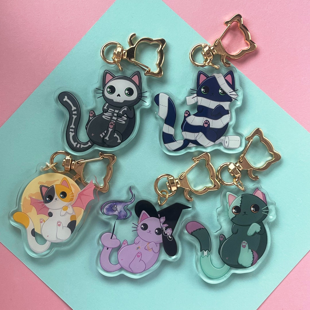 Spooky Halloween Cats Acrylic Keychains 2 Inch Key-charms Kitty Art ...