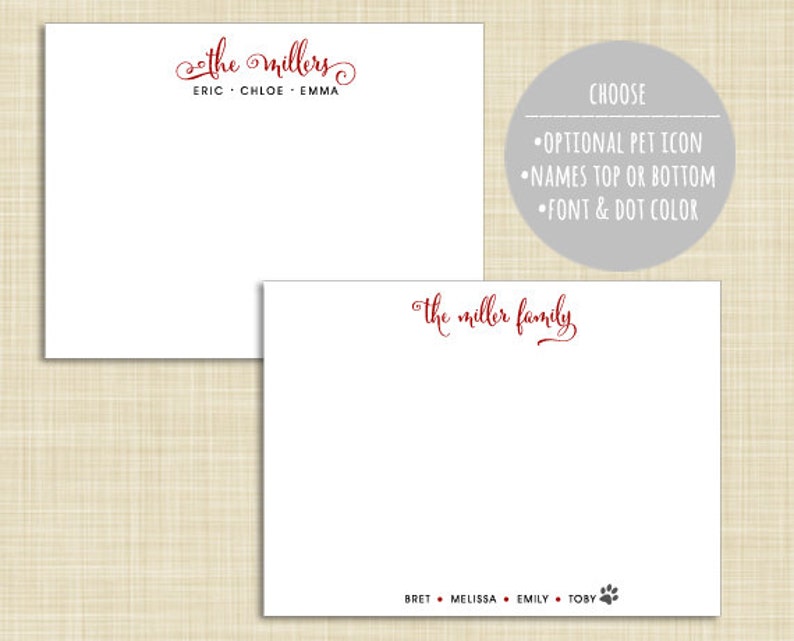 Personalized Flat Note Cards Stationery Set Family Names - Etsy