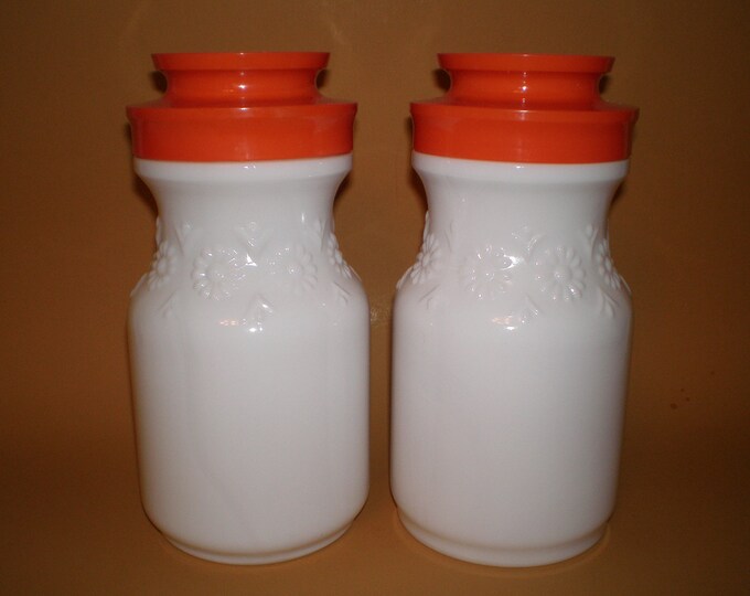 2 White Milk Glass Tang Jars With Orange Lids - Etsy