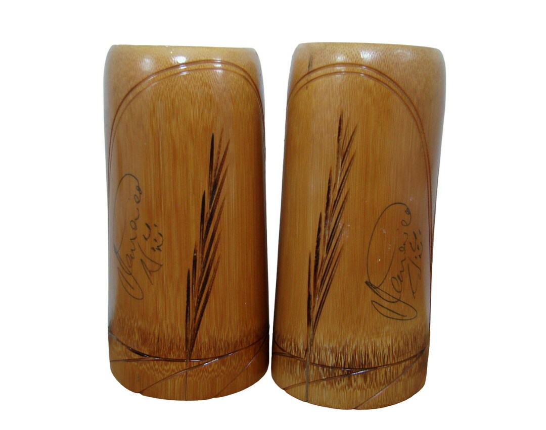 2 Hand Carved Bamboo Tiki Cups Signed Jamaica Pair of - Etsy