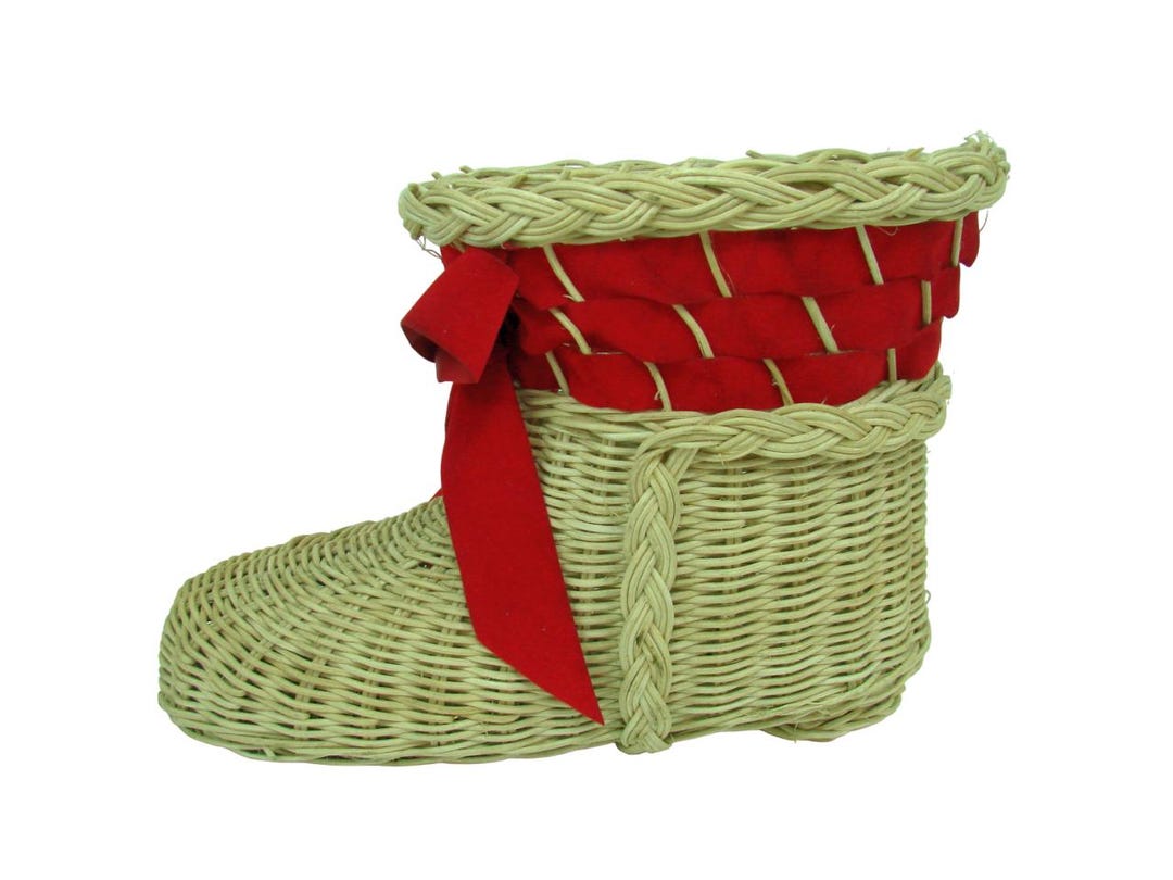 Vintage Santa's Wicker Boot With Red Velvet Bow, Christmas Holiday ...