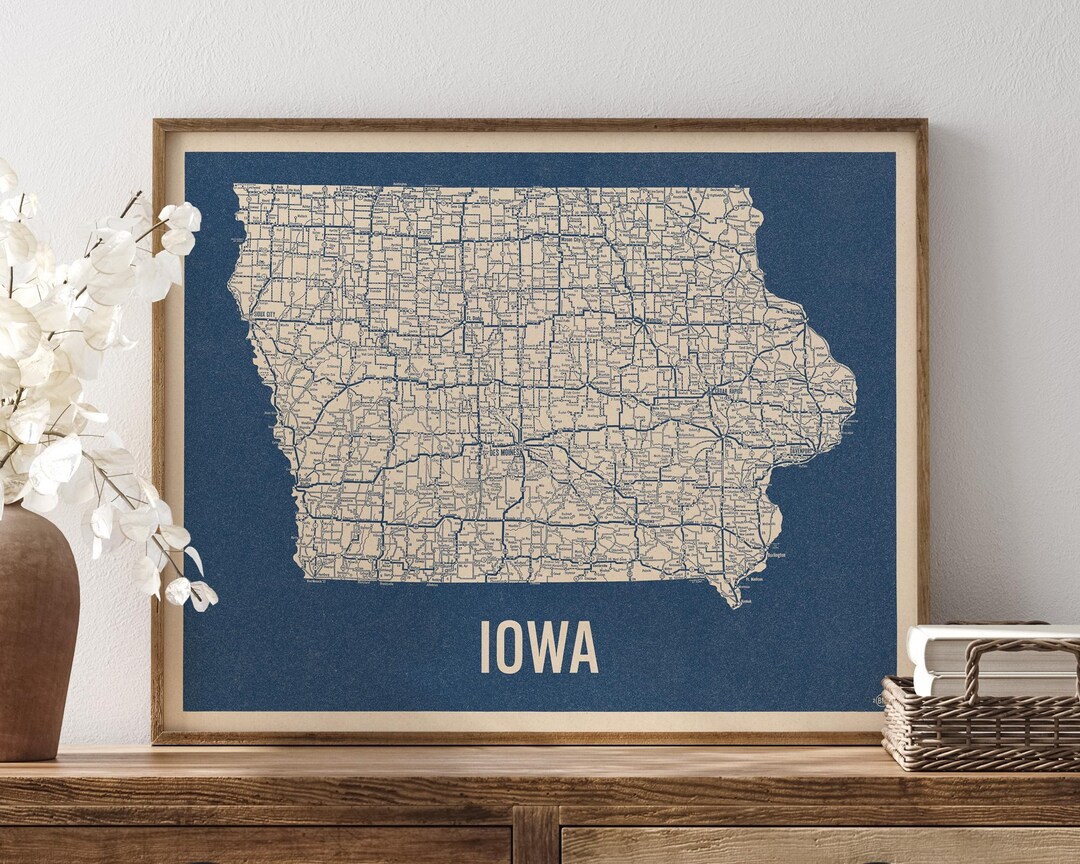 Vintage Iowa Road Map Art Print, Blue on Beige #2, Unframed - Etsy