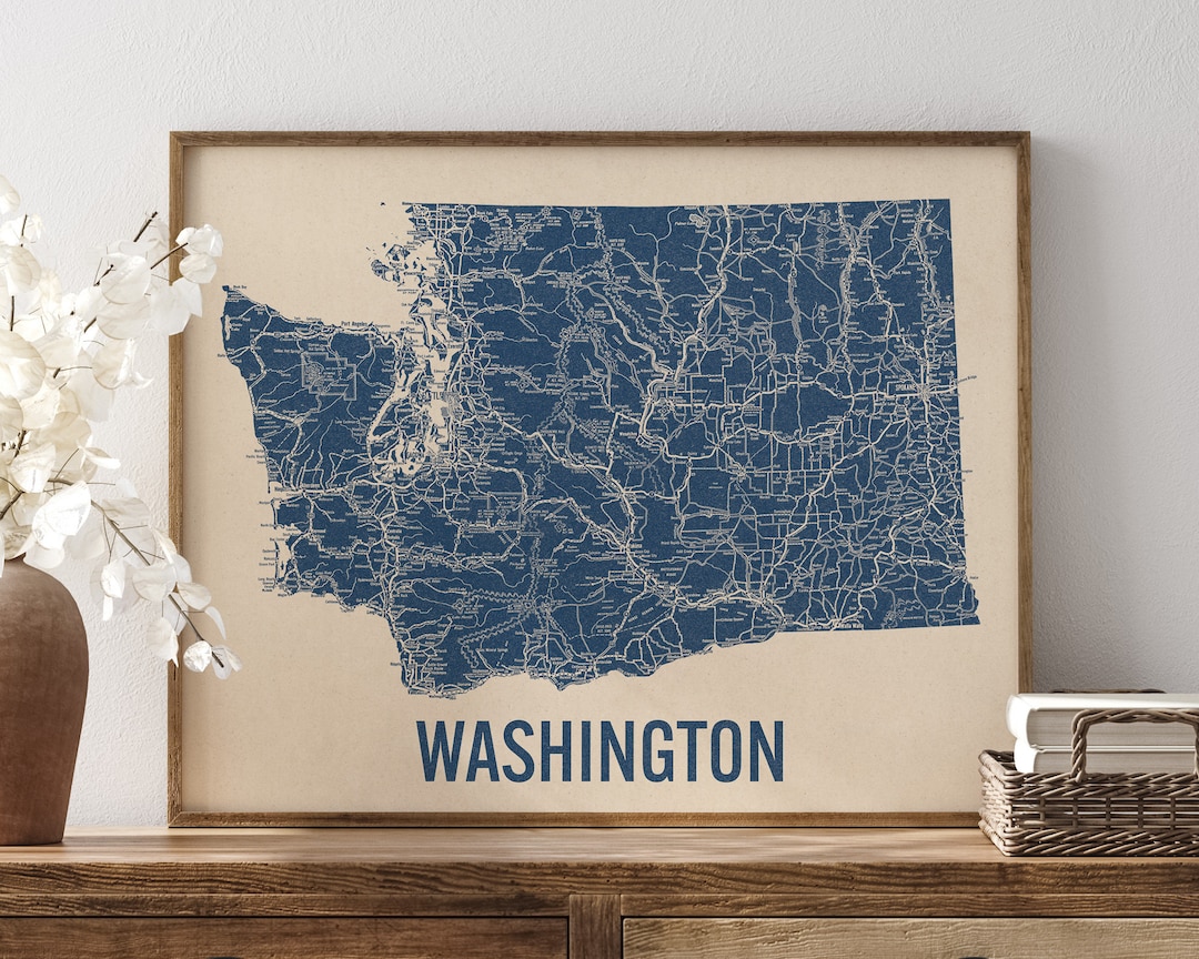Vintage Washington State Road Map Art Print, Blue on Beige #1, Unframed ...