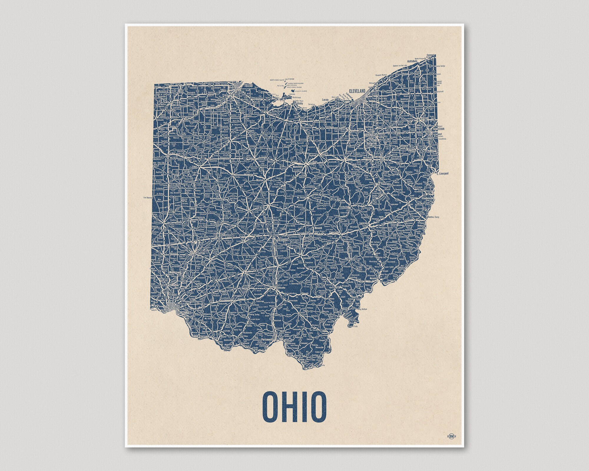 Vintage Ohio Road Map Art Print Blue on Beige 1 Unframed - Etsy