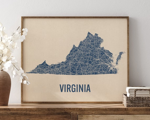 Vintage Virginia Road Map Art Print Blue on Beige 1 - Etsy