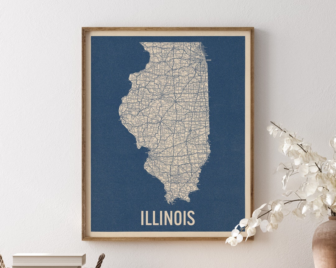 Vintage Illinois Road Map Art Print, Blue on Beige #2, Unframed - Etsy