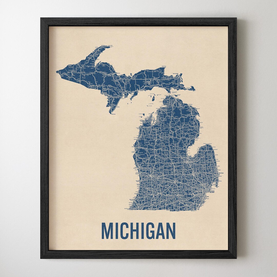 Michigan Road Map Art Print, Retro Style, Blue on Beige, Archival Wall ...