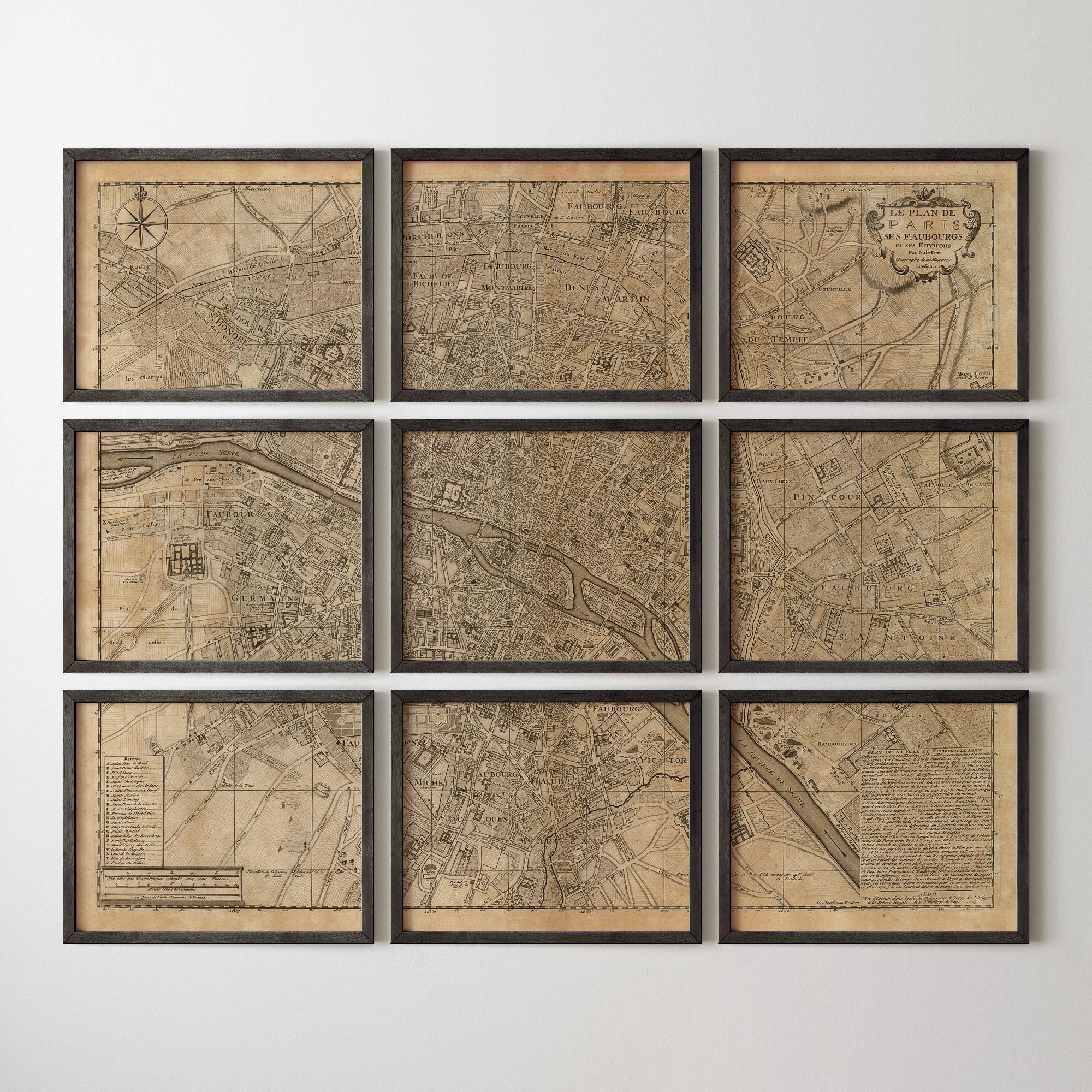 Old Paris Map Print, Set of 9, 1717 Antique Archival Reproduction Wall ...