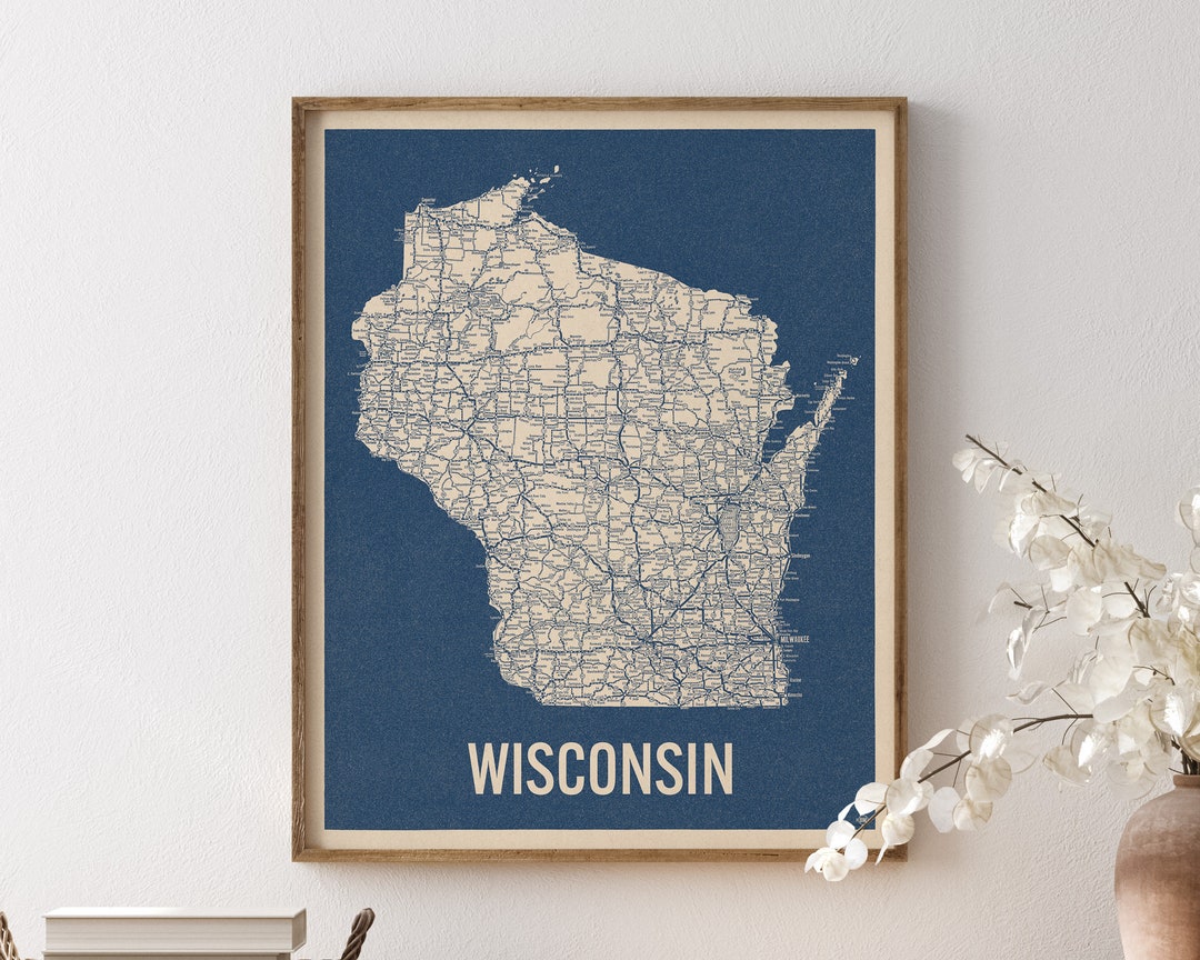 Vintage Wisconsin Road Map Art Print, Blue on Beige #2, Unframed - Etsy