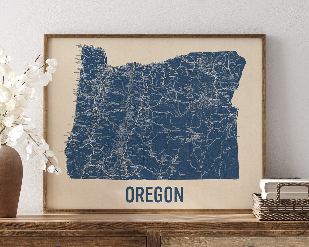 Vintage Oregon Road Map Art Print, Blue on Beige #1, Unframed - Etsy