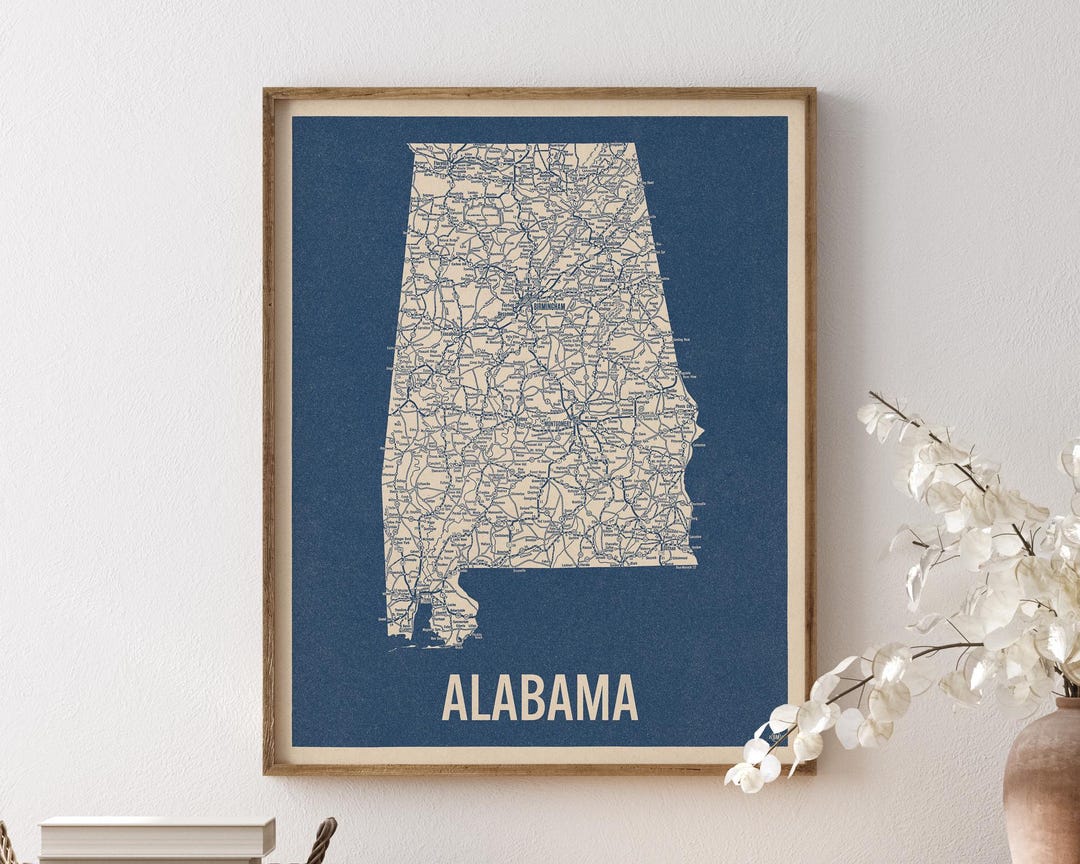 Vintage Alabama Road Map Art Print, Blue on Beige #2, Unframed - Etsy