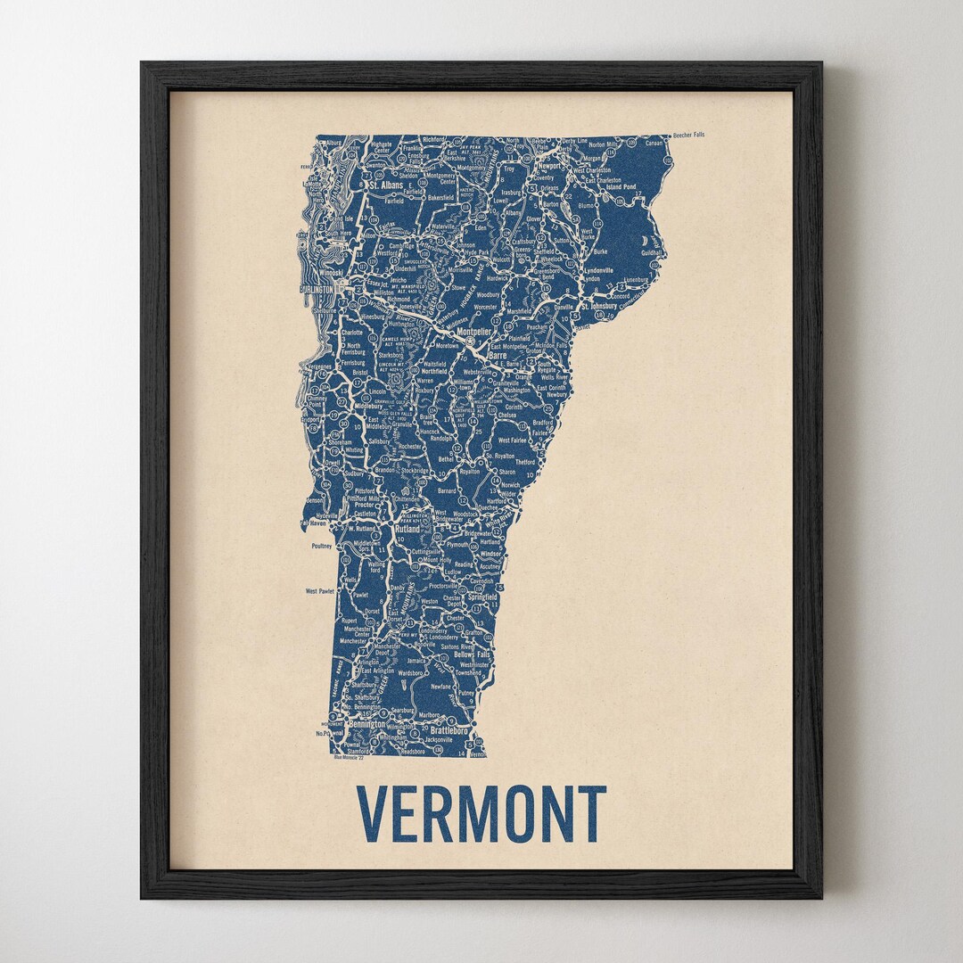 Vermont Road Map Art Print, Retro Style, Blue on Beige, Archival Wall ...