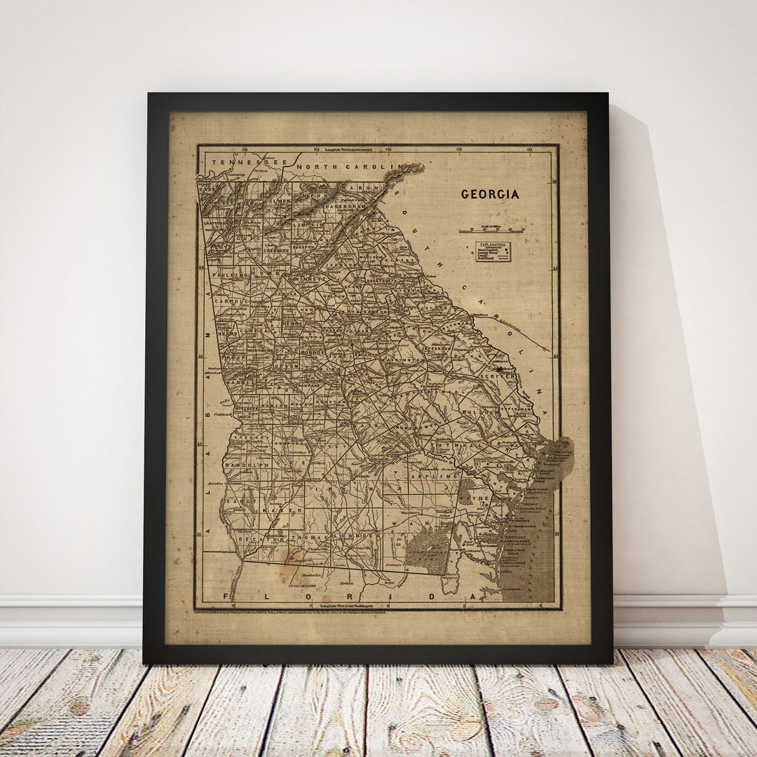 Old Georgia Map Art Print, 1840s, Rustic Style, Archival Quality ...