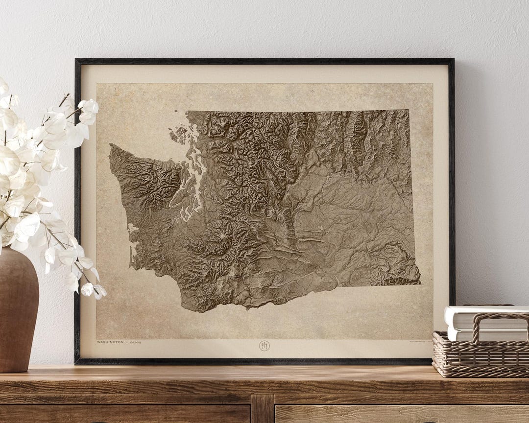 Washington State Relief Map Art Print, Sepia, Vintage Style, Unframed ...