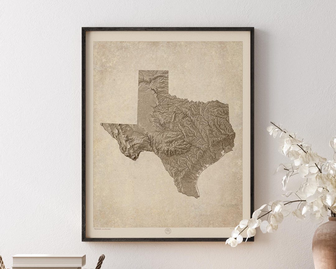 Texas Relief Map Art Print, Sepia, Vintage Style, Unframed - Etsy