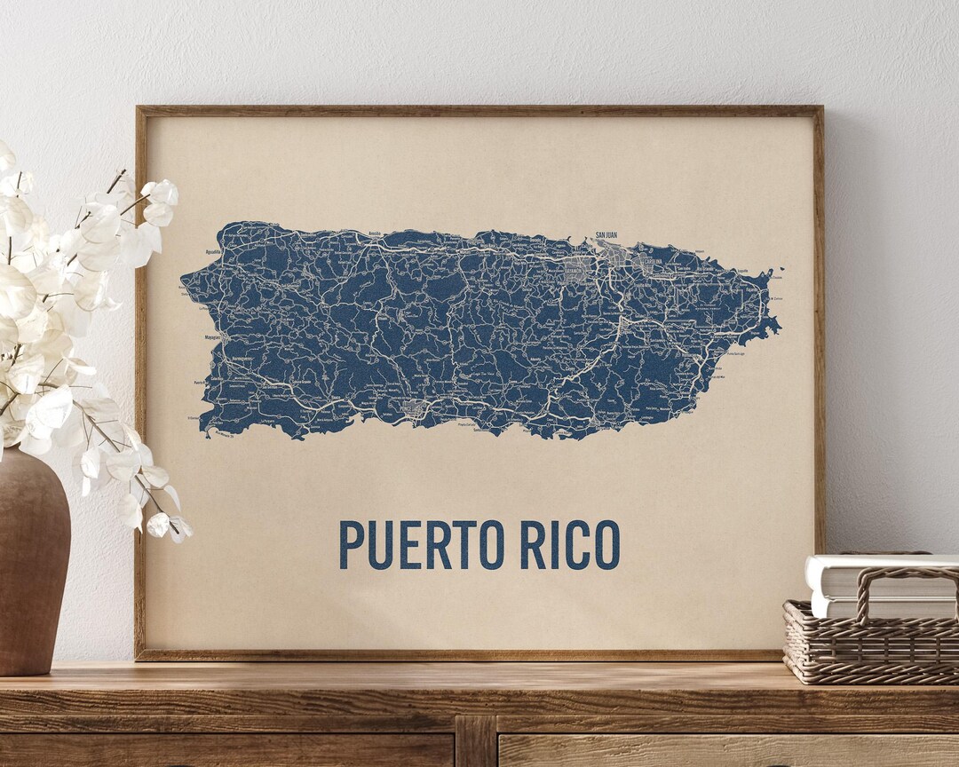 Puerto Rico Road Map Art Print, Blue on Beige #1, Unframed - Etsy