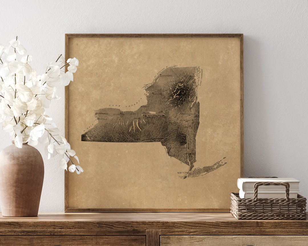 Old New York State Relief Map Art Print, Rustic, Vintage-style ...