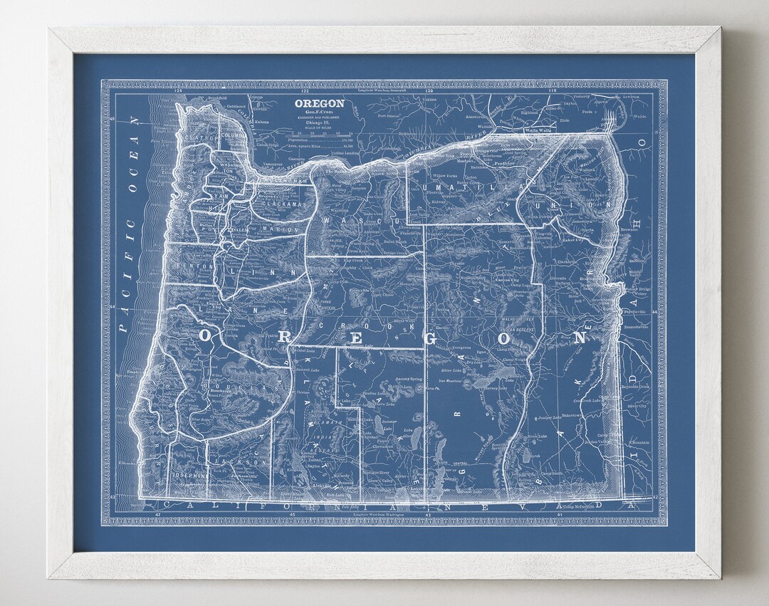 Old Oregon Map Art Print Blue Vintage Style Archival - Etsy