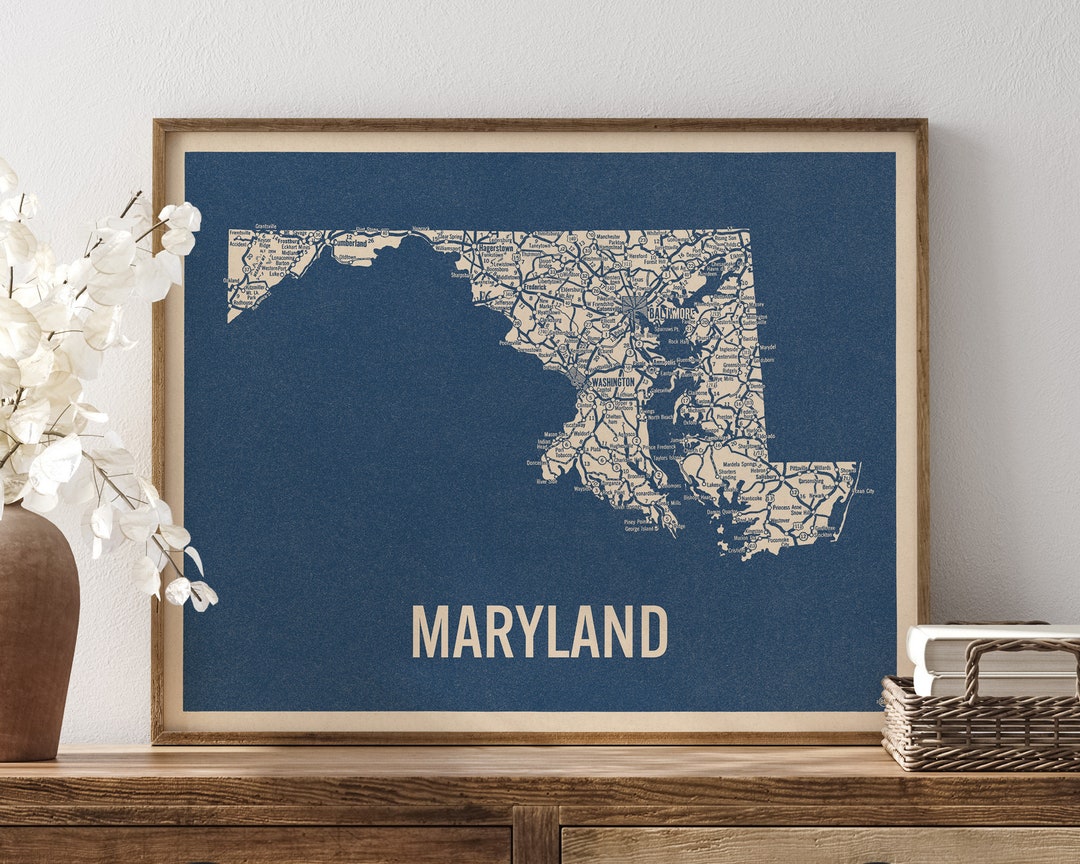 Vintage Maryland Road Map Art Print, Blue on Beige #2, Unframed - Etsy