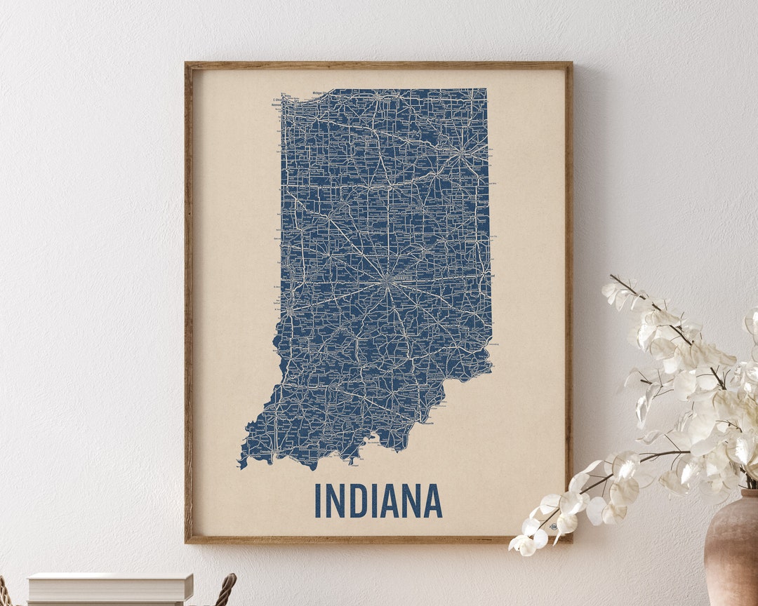 Vintage Indiana Road Map Art Print, Blue on Beige #1, Unframed - Etsy