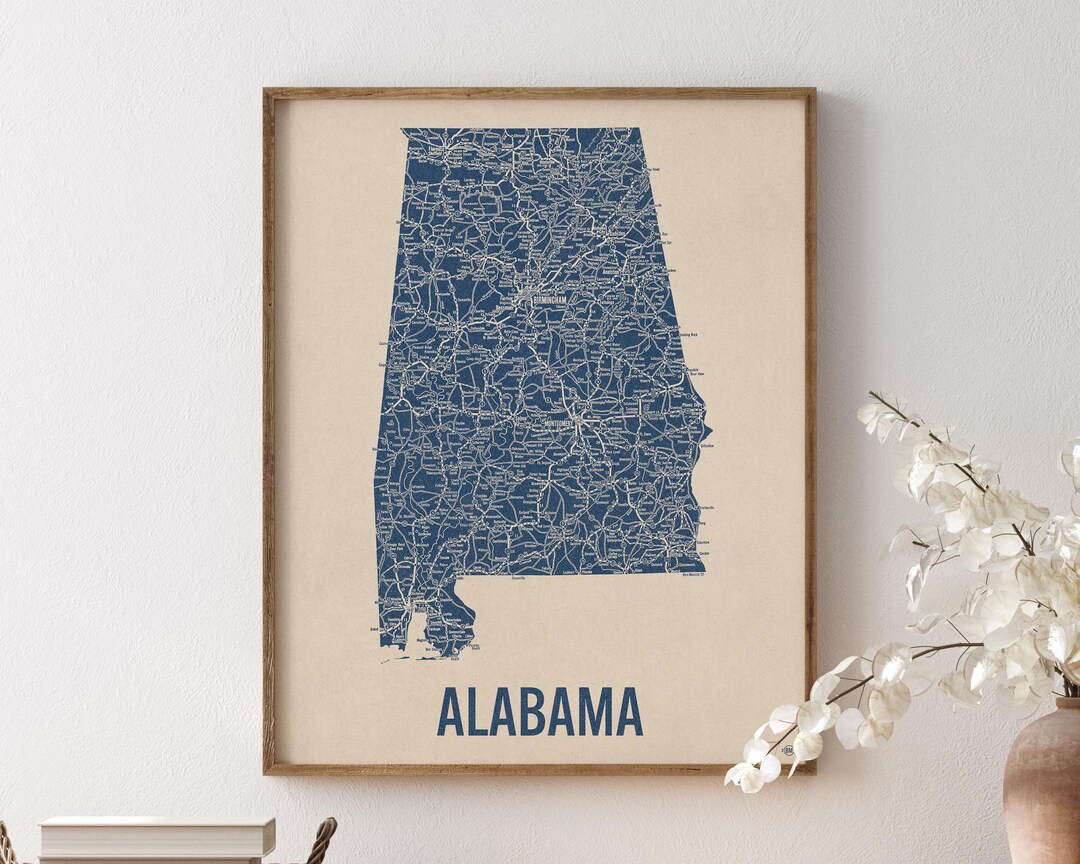 Vintage Alabama Road Map Art Print, Blue on Beige #1, Unframed - Etsy