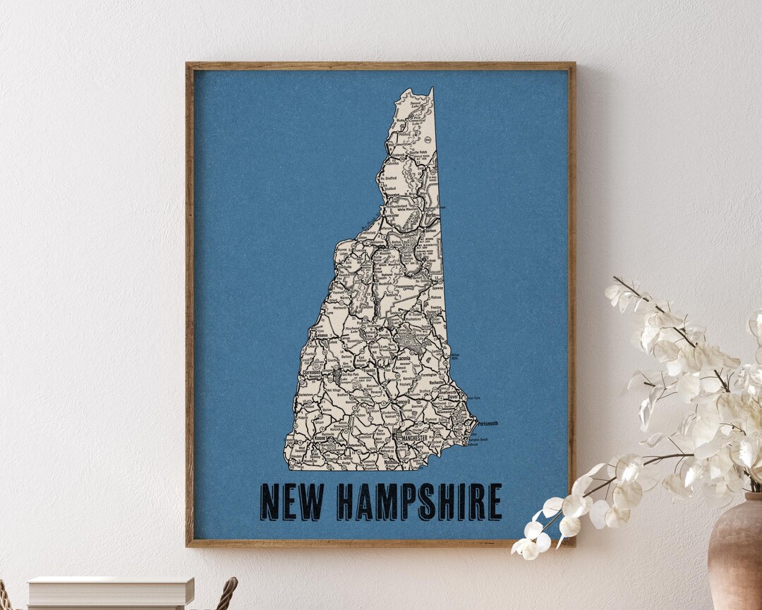 Vintage New Hampshire Road Map Art Print, Series 3, Blue/brown/green ...