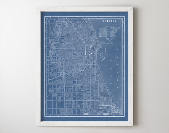 Old Chicago Street Map Art Print Blue Vintage Style | Etsy