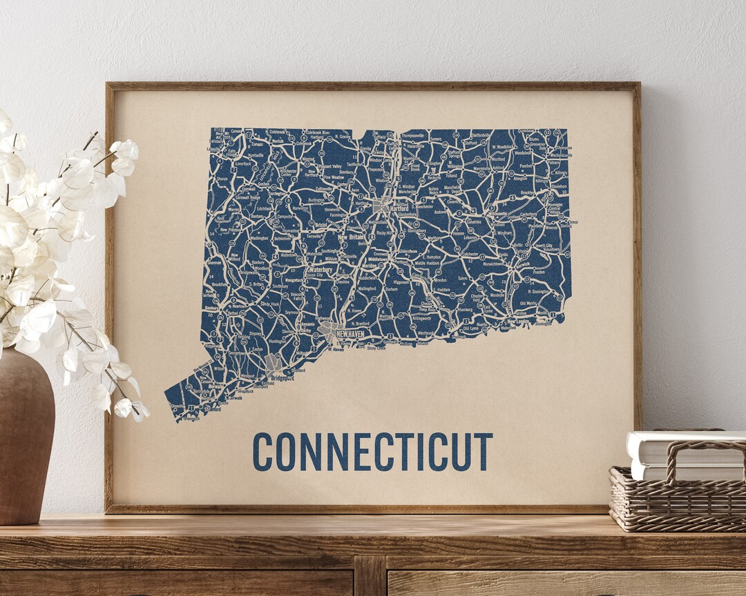 Vintage Connecticut Road Map Art Print, Blue on Beige #1, Unframed - Etsy