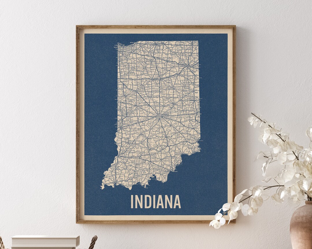 Vintage Indiana Road Map Art Print, Blue on Beige #2, Unframed - Etsy