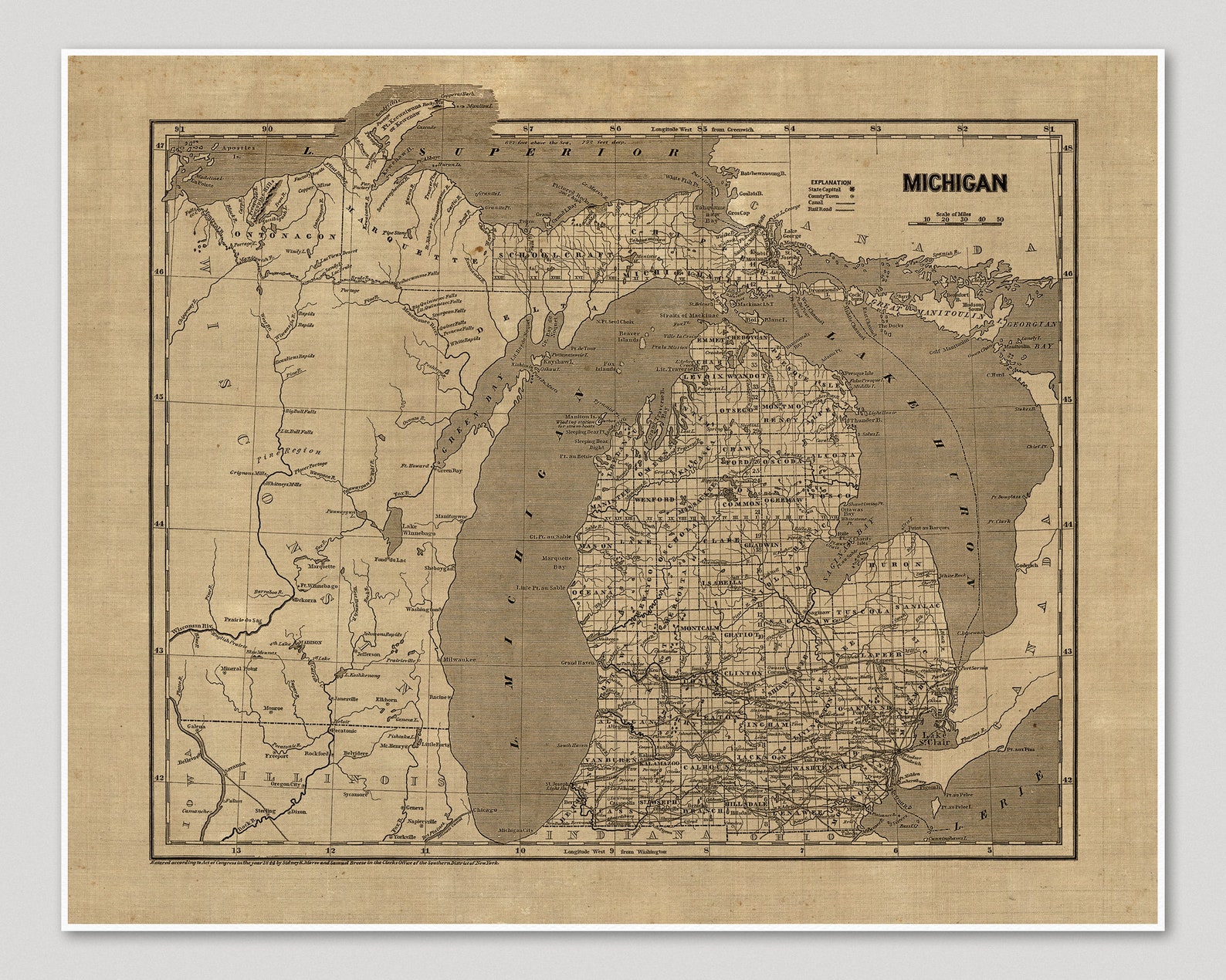 Old Michigan Map Art Print 1840s Rustic Style Archival - Etsy