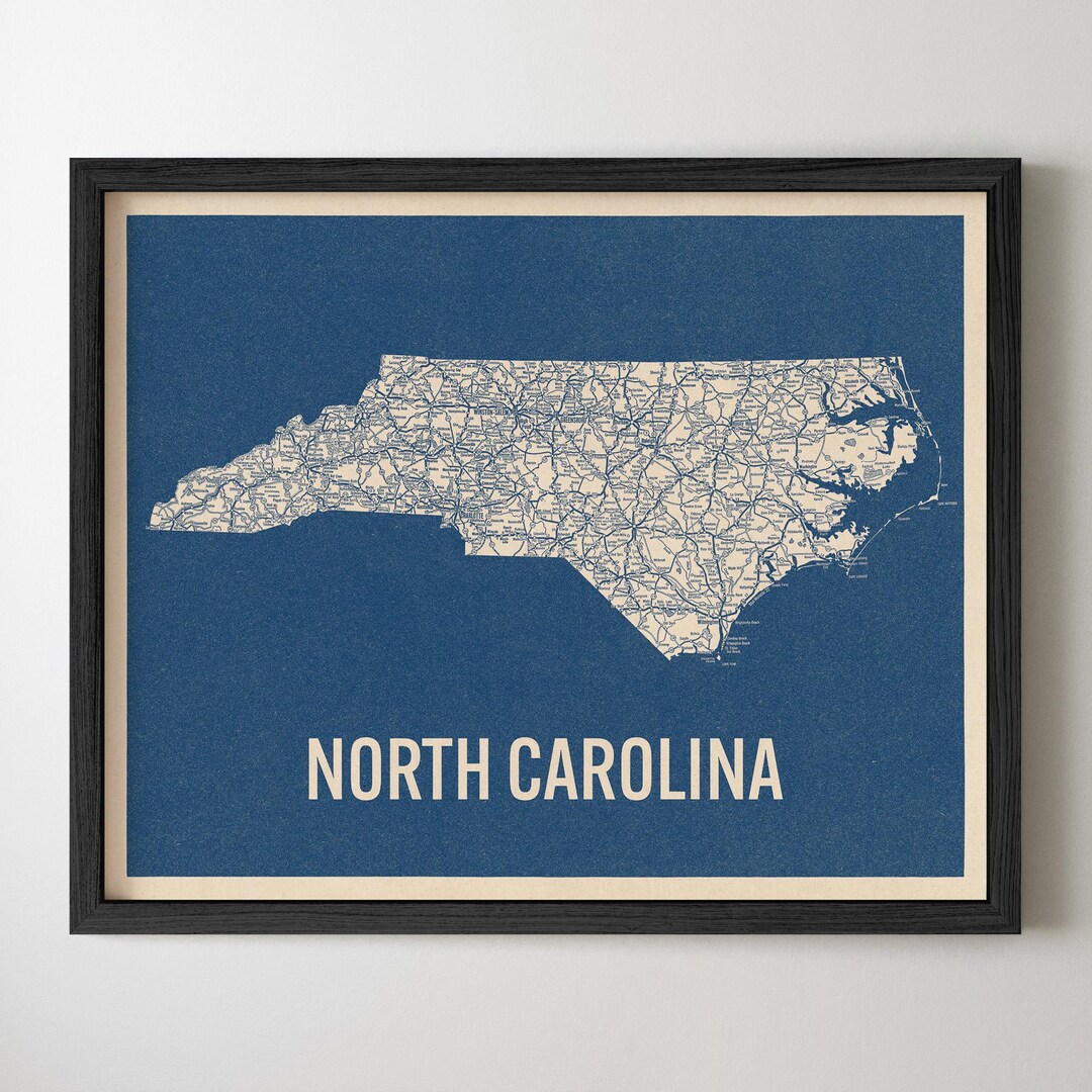 North Carolina Road Map Art Print, Retro Style, Blue on Beige, Archival ...