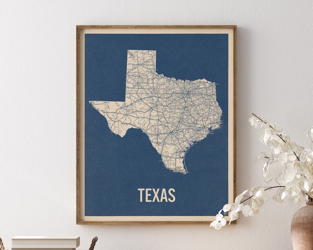 Vintage Texas Road Map Art Print, Blue on Beige #2, Unframed - Etsy