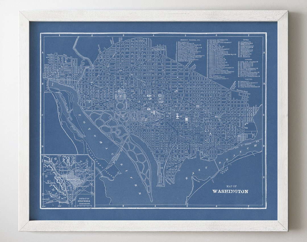Old Washington DC Street Map Art Print Blue Vintage Style - Etsy
