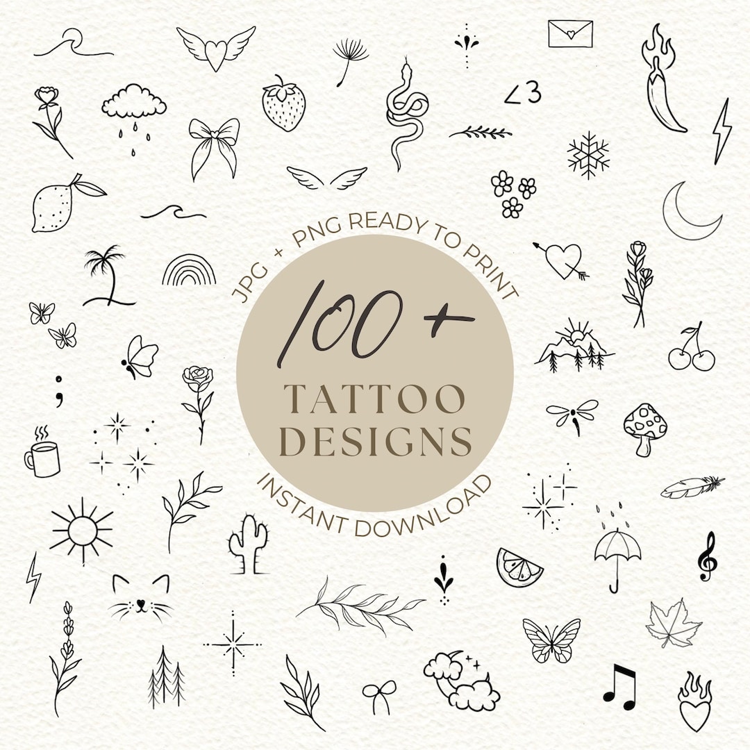 100 Tiny Tattoo Designs Flash Sheet, JPG PNG, Printable Stencil Ready ...