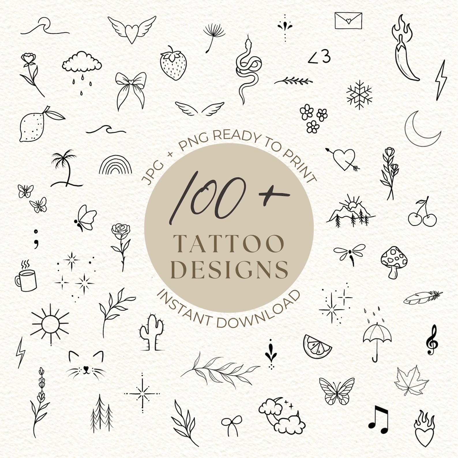 100 Tiny Tattoo Designs Flash Sheet, JPG PNG, Printable Stencil Ready ...
