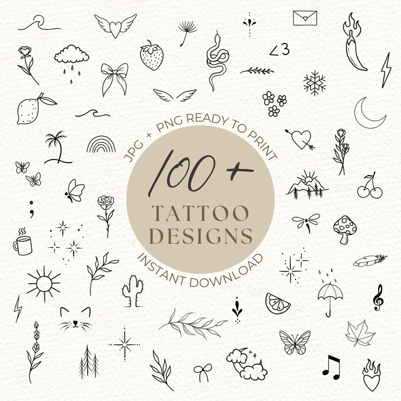 100 Tiny Tattoo Designs Flash Sheet, JPG PNG, Printable Stencil Ready ...