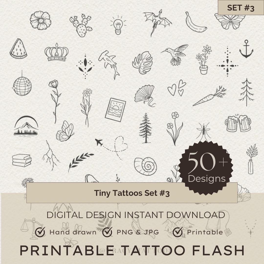 Tiny Tattoo Flash Sheet #3 50 Designs, JPG/PNG, Printable Stencil Ready ...
