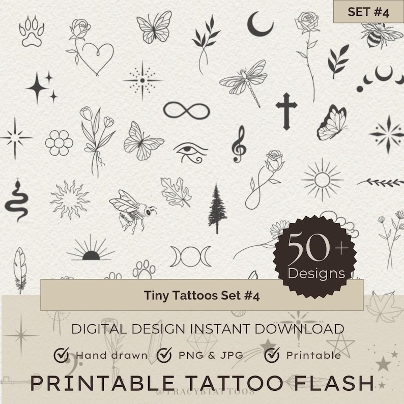 50 Tiny Tattoo Designs Flash Sheet #4 (JPG/PNG Printable Digital ...
