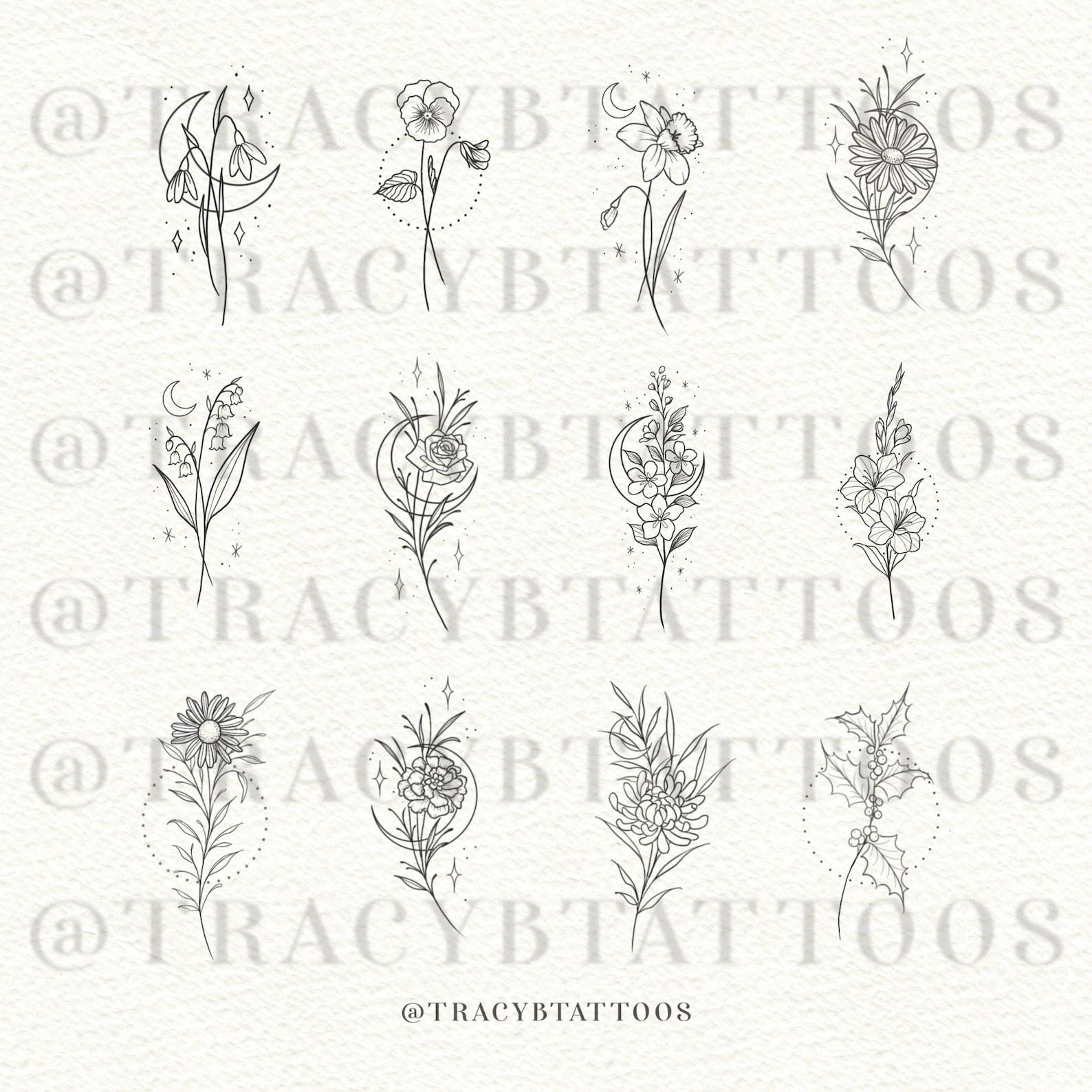 Birth Flower Tattoo Designs: Small Fine Line Stencil Sheet (digital ...