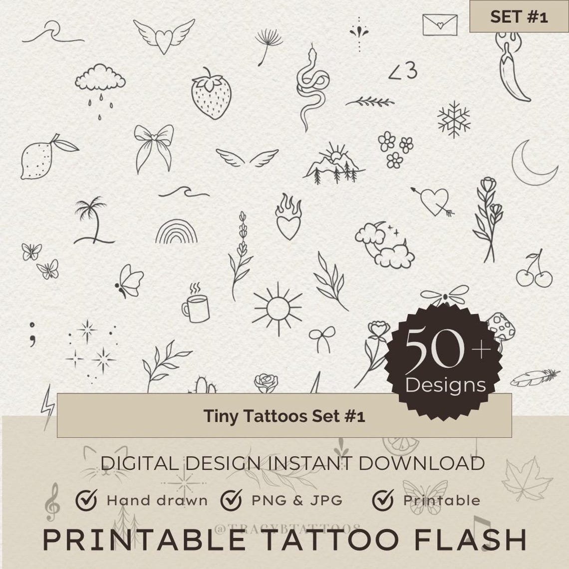 50 Tiny Tattoo Designs Sheet #1: Printable Flash Sheet (JPG, PDF, PNG ...