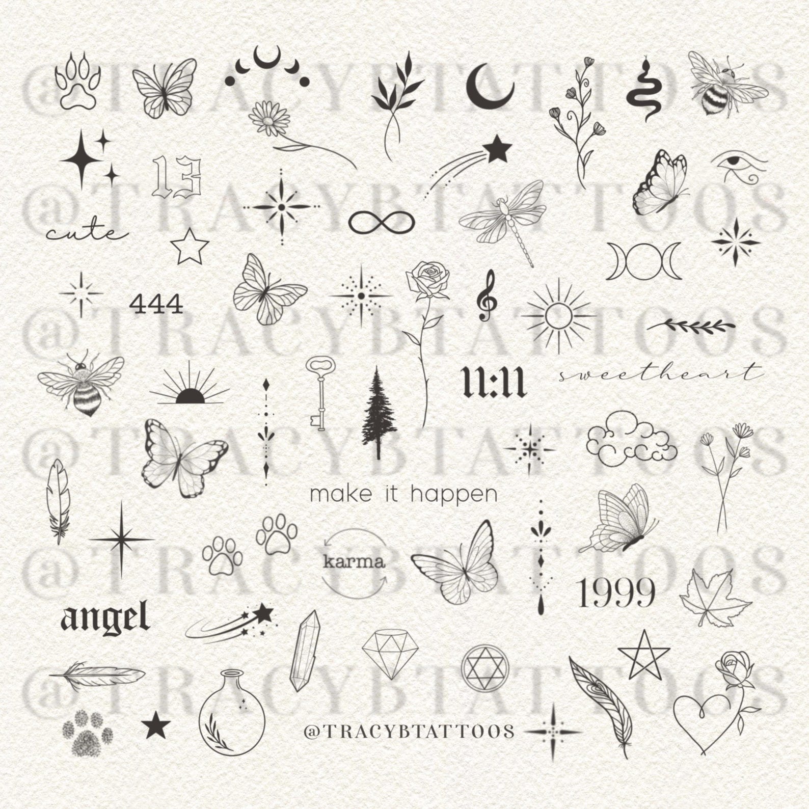 Small Tattoo Flash Sheet 60 Designs, JPG PDF PNG, Printable Stencil ...