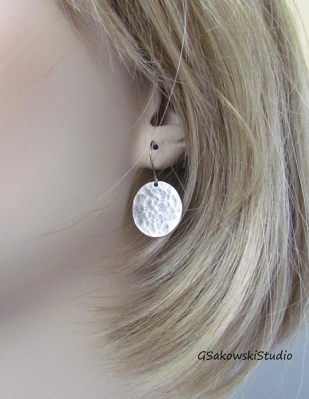 Hammered Disc Dangle Earrings, Stainless Steel Ear Wires Antique Silver ...